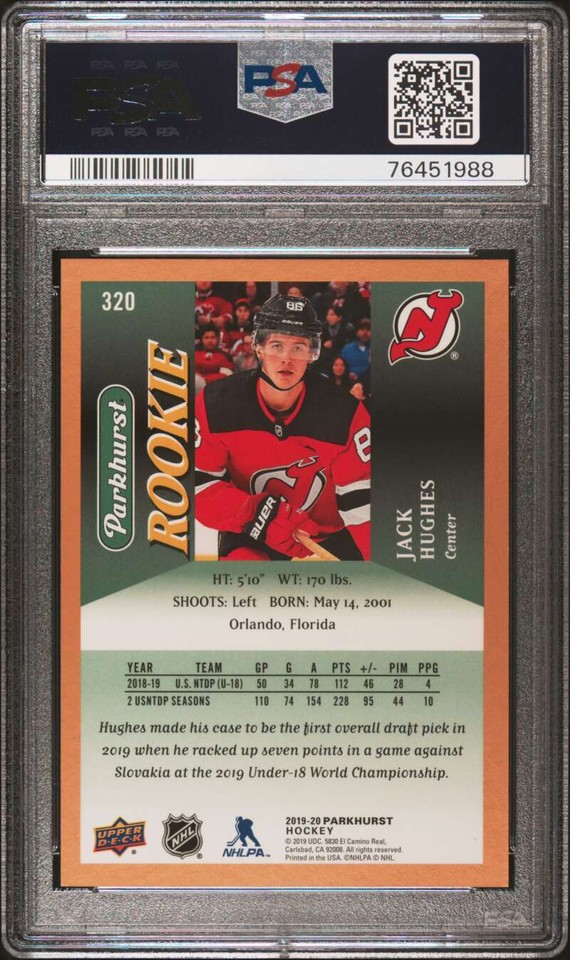 2019-20 Parkhurst ePack Bronze #320 Jack Hughes RC NJ Devils PSA 9 (JJ ...