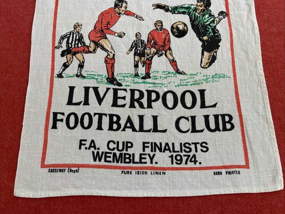 Vintage Liverpool FC Linen Tea Towel w 1974 FA Cup Pattern Football ...