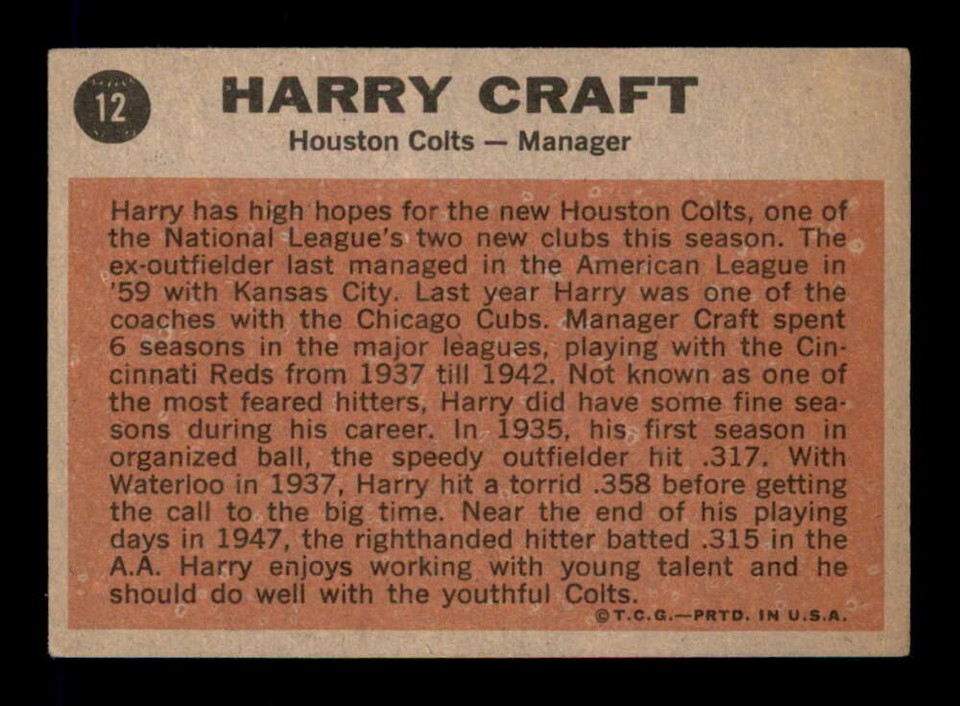1962 Topps #12 Harry Craft MG VG/VGEX X3108088 | eBay