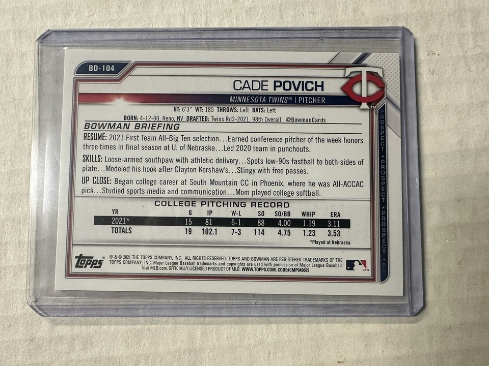 Cade Povich RC 2021 Bowman Draft #BD104 Twins 1st Bowman Rookie Orioles ...