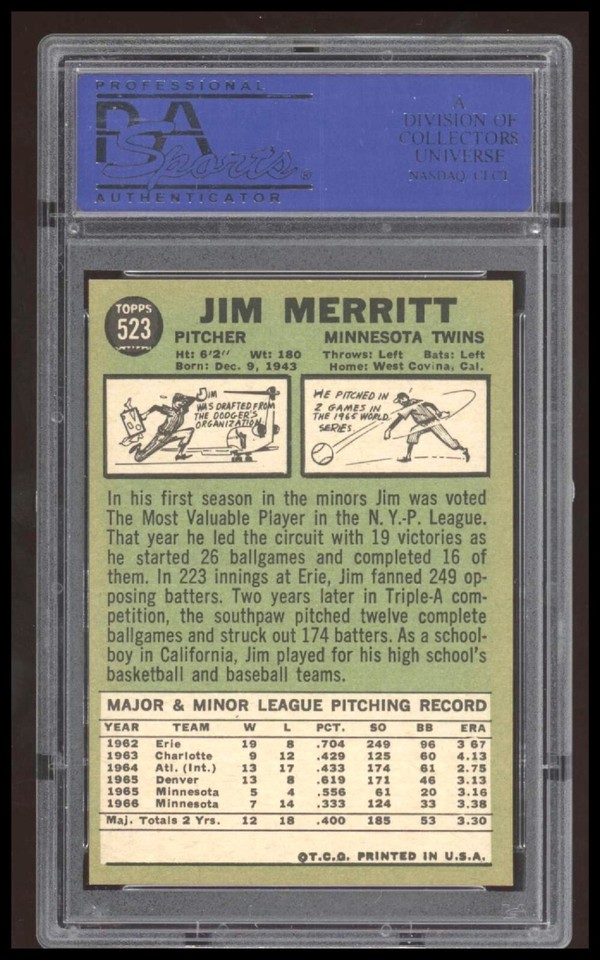 1967 Topps Jim Merritt PSA 7 NM Smi-High Number #523 Baseball Card | eBay