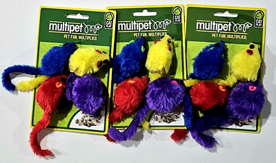 3 Packs Of 4 Multipet Cat Toys Colored Mouses Rattle Pet Fun Red Yellow ...