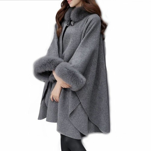 Women's Flare Sleeve Faux Fox Fur Collar Winter Cloak Cape Coat Poncho ...