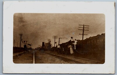 Real Photo Postcard People Waving Hats on Railyard Wabash Railroad Car ...