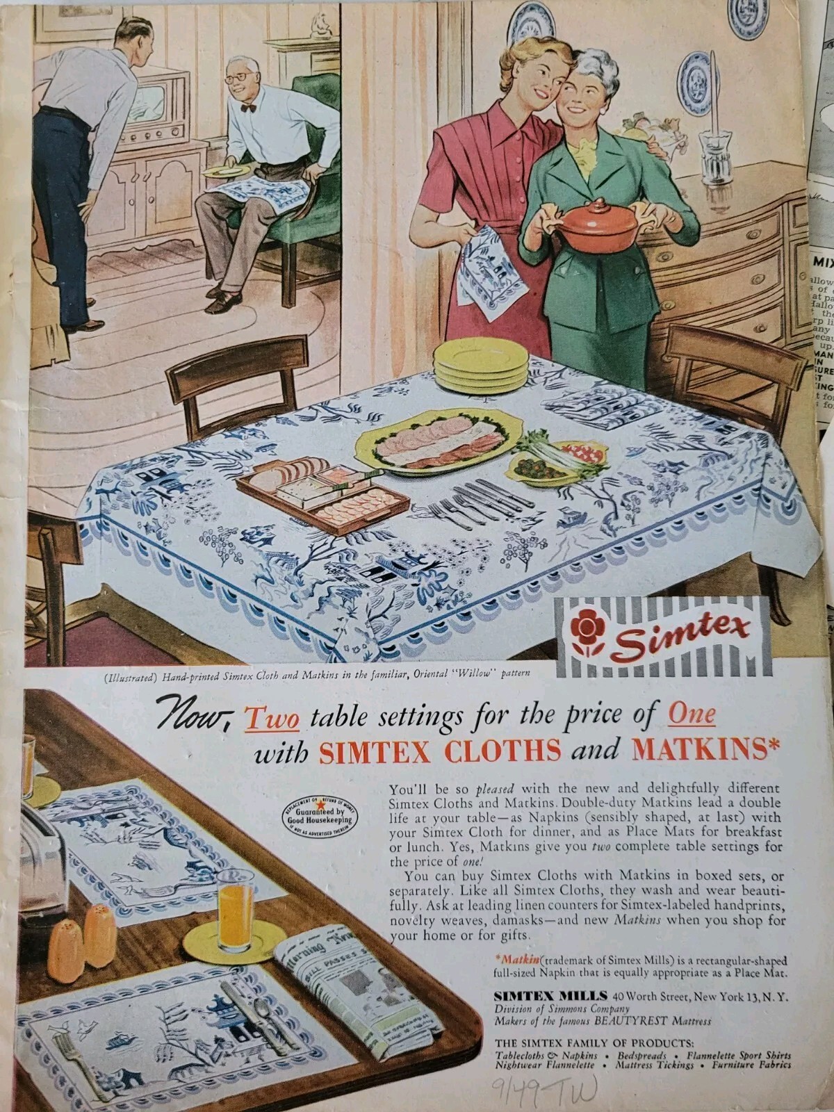 1949 Simtex tablecloth matkins blue oriental willow design vintage Ad ...