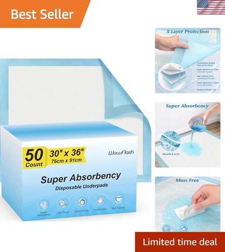 50 Count Super Absorbent Disposable Underpads, 30” x 36”, Leakproof ...