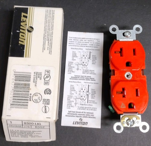 Leviton Hospital Grade 20A 125V Duplex Isolated Ground ORANGE w/green ...