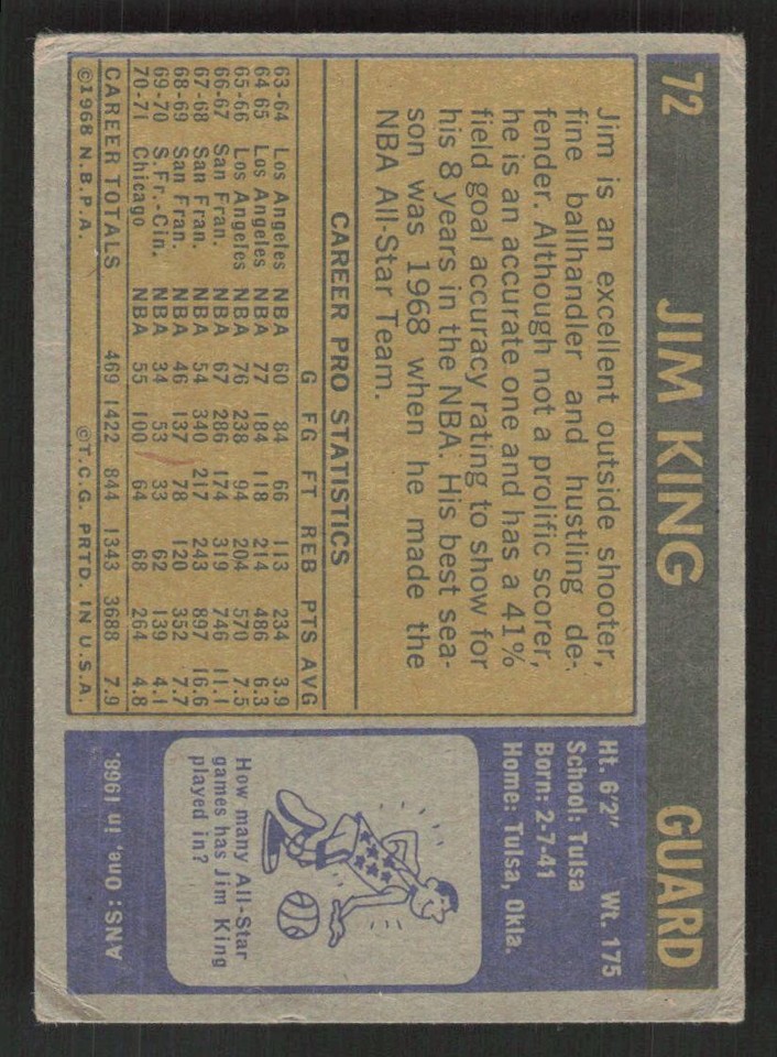 1971 TOPPS JIM KING 72 GOOD BASKETBALL CHICAGO BULLS | eBay