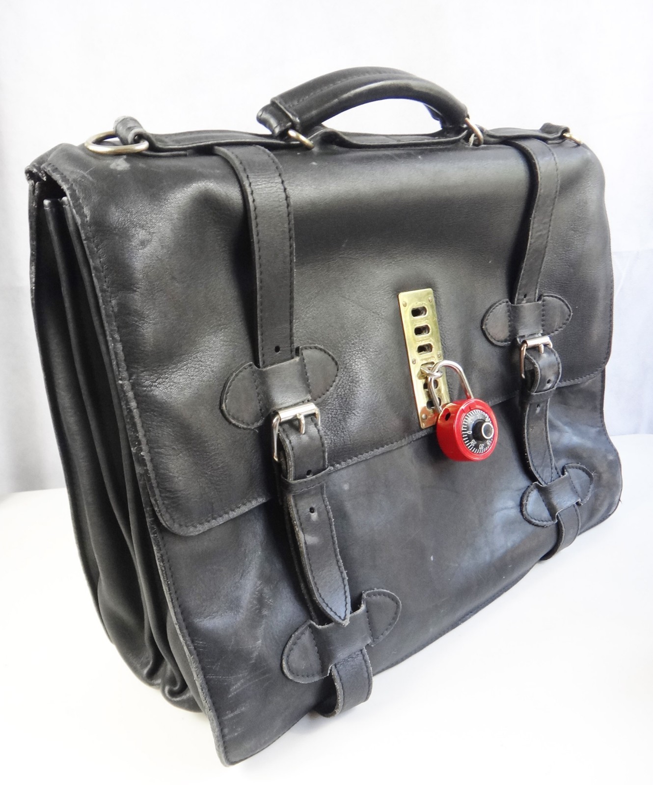 Vintage leather padlock briefcase laptop black accordion lock buckle ...