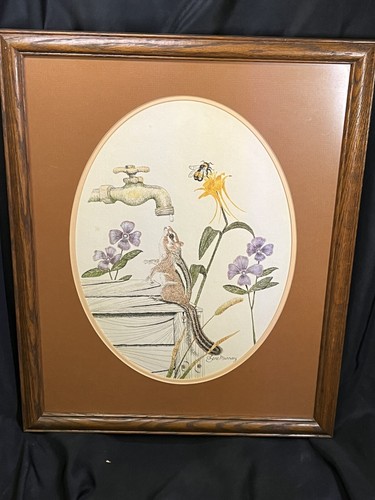 Gene Murray Lithograph Wildlife Chipmunk Print Drawing Flowers Framed ...