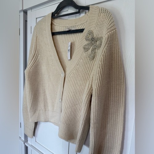 NWT LOFT Cream Beaded Bow Coquette Cardigan Knit Sweater Women's Size ...