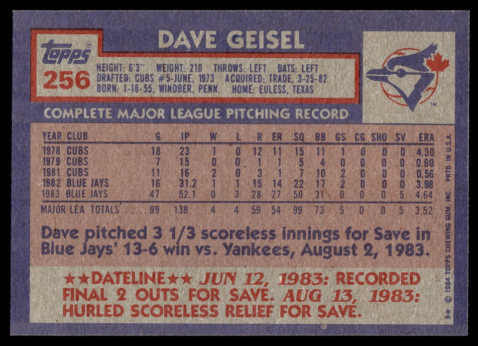1984 Topps Dave Geisel #256 Toronto Blue Jays b1r1tC | eBay