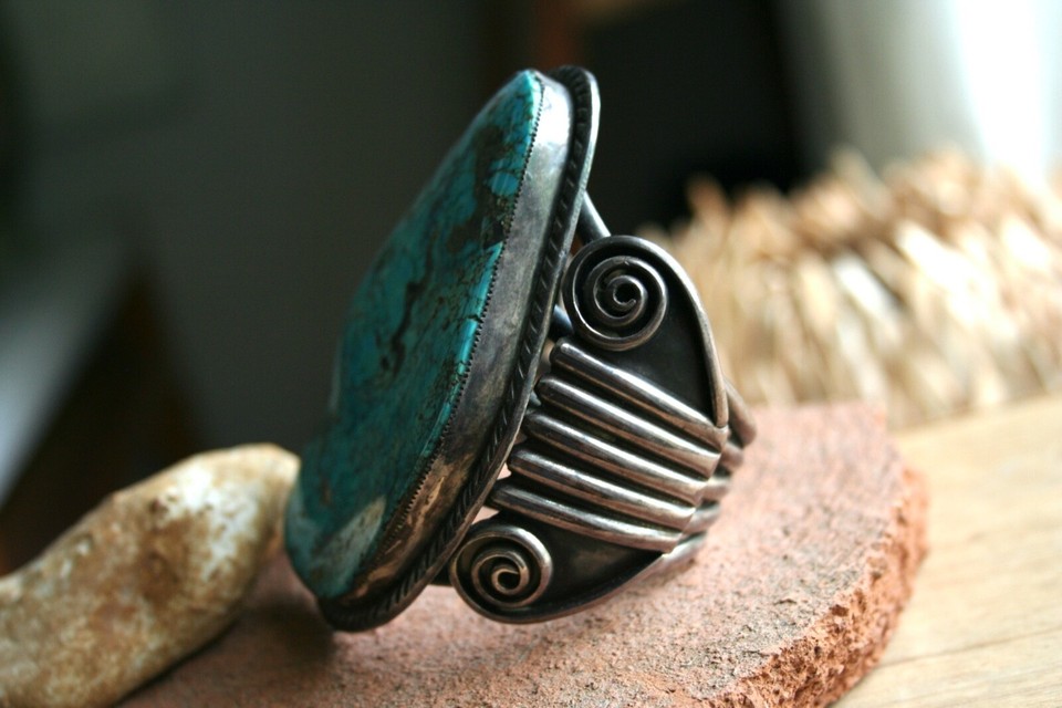 Vintage Native American Museum Gem Quality Turquoise Slab Sterling Cuff ...
