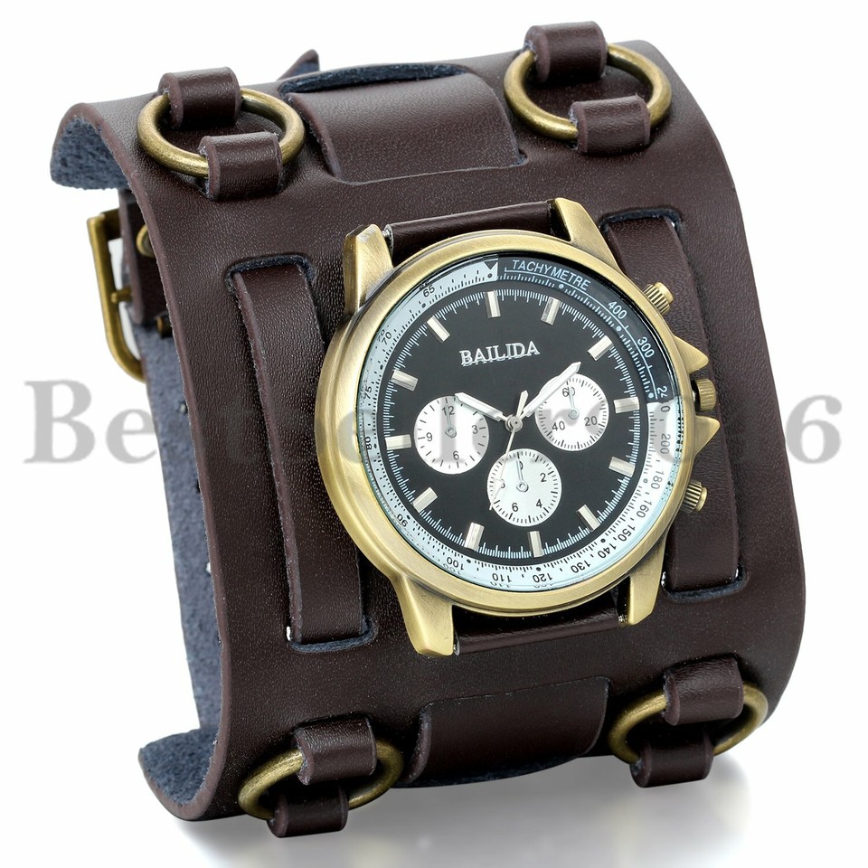 Mens Military Army Style Wide Leather Band Sports Big Face Quartz Wrist ...