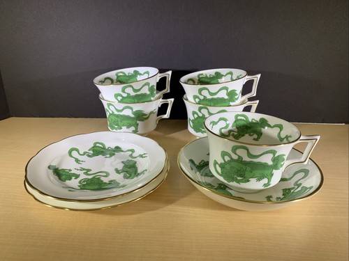 Wedgwood Green Chinese Tigers Bone China 5 Cups 1 Saucer 2 Bread Plates ...