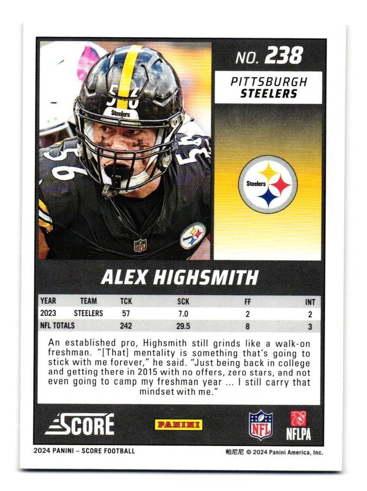 2024 Score #238 Alex Highsmith Pittsburgh Steelers Football Card | eBay