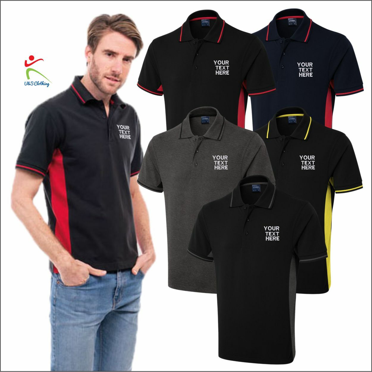 Personalised Embroidered Uneek Two Tone Polo Shirt Custom Text Casual ...