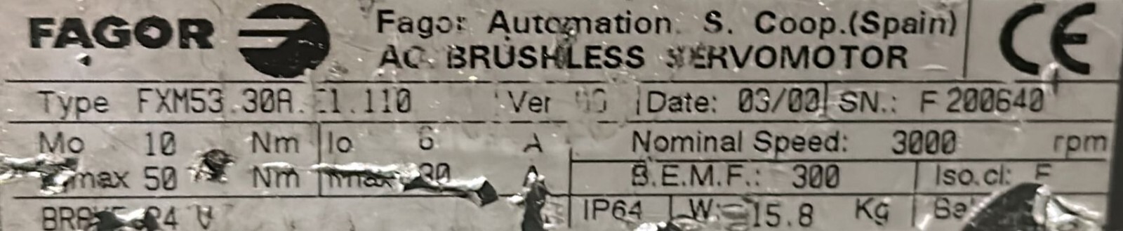 FAGOR AUTOMATION AC BRUSHLESS SERVOMOTOR FXM53.30A.E1.110 | eBay