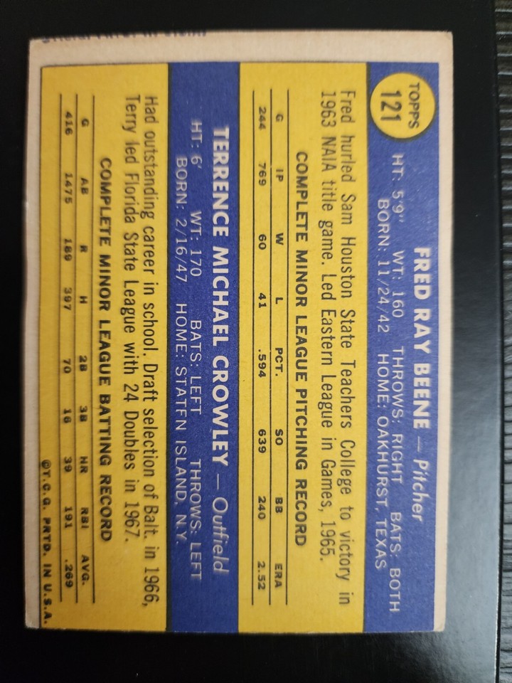 1970 TOPPS BALTIMORE ORIOLES ROOKIE STARS FRED BEENE CROWLEY #121 ...