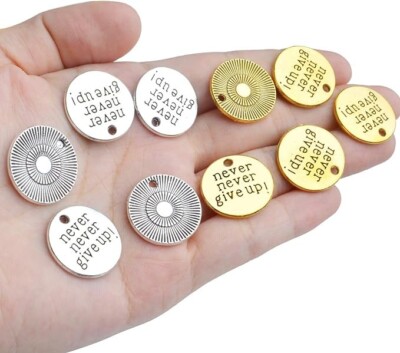Quote Charms NEVER GIVE UP Pendants Silver Gold Word Inspirational Bulk ...