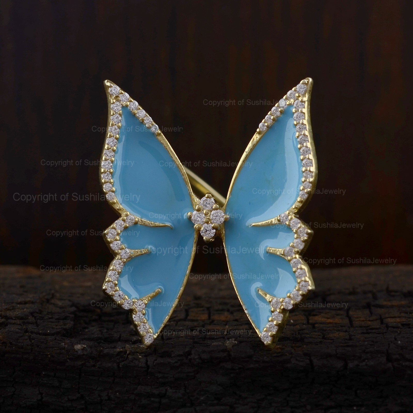 Turquoise Blue Enamel Diamond Butterfly Ring Solid 14K Yellow Gold Fine ...