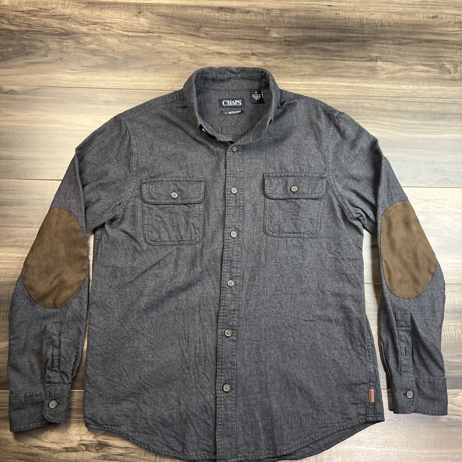 Chaps Go Untucked Shirt Mens Medium Gray Long Sleeve Button Up Elbow ...
