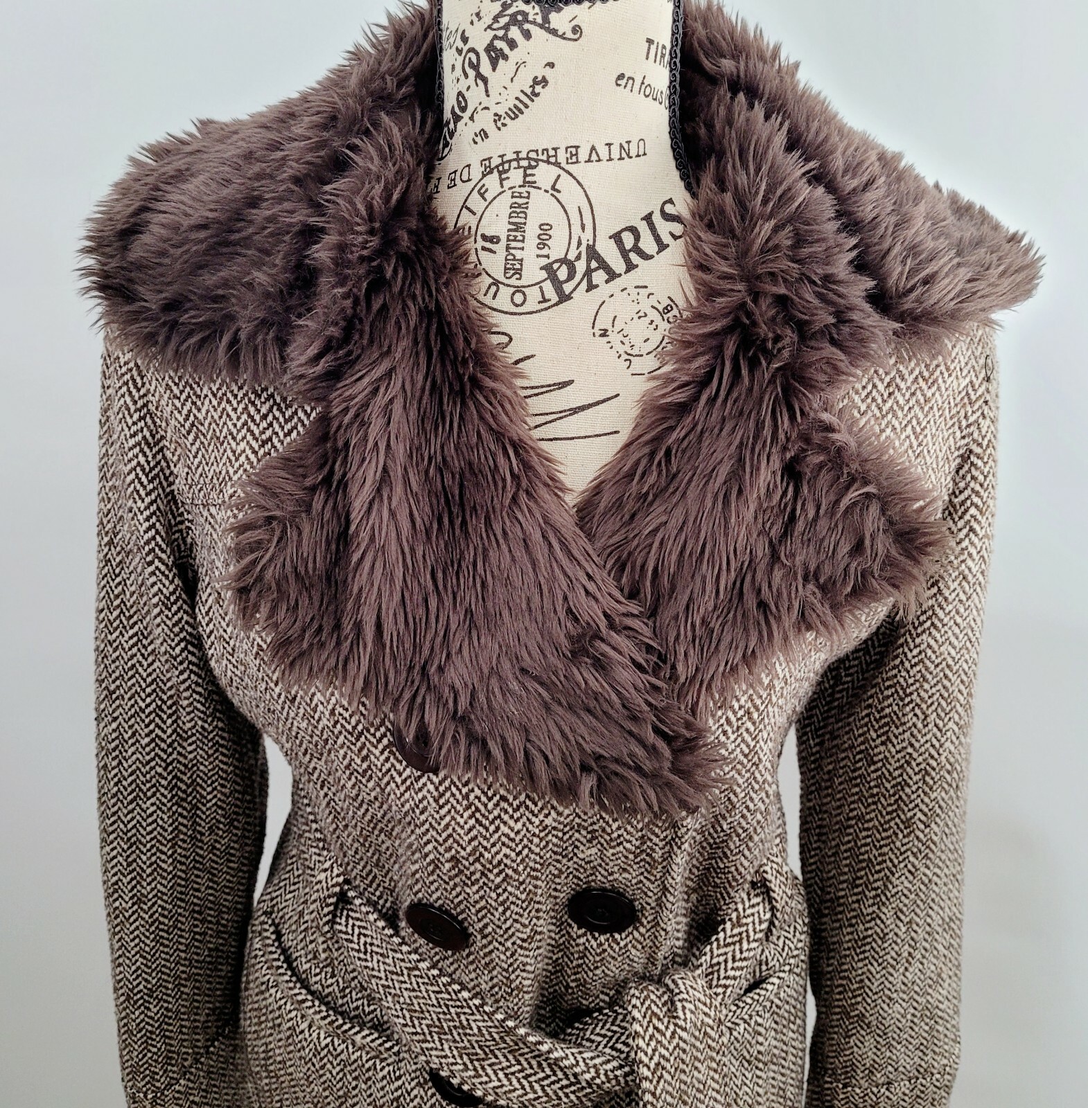 Marcelle Renee Lux Women's Belted Brown Tweed Jacket w/ Faux Fur Trim ...