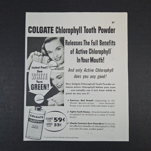 1953 Colgate Chlorophyll Tooth Powder Vintage Print Ad Bad Breath Gum ...