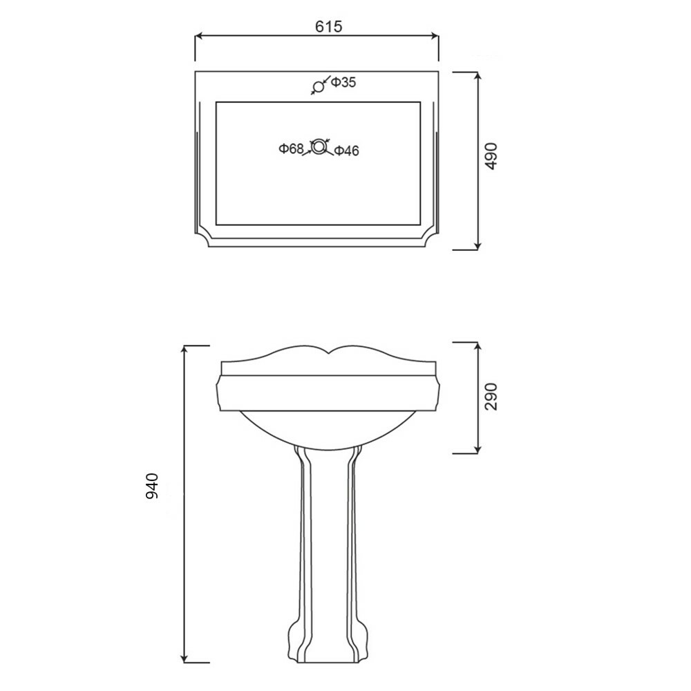 Traditional Bathroom 615mm Single Tap Hole Square Wash Basin with Full ...
