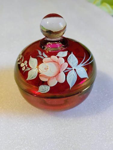 Westmoreland Ruby Stain Puff Box Hand Painted Floral Design Artist ...