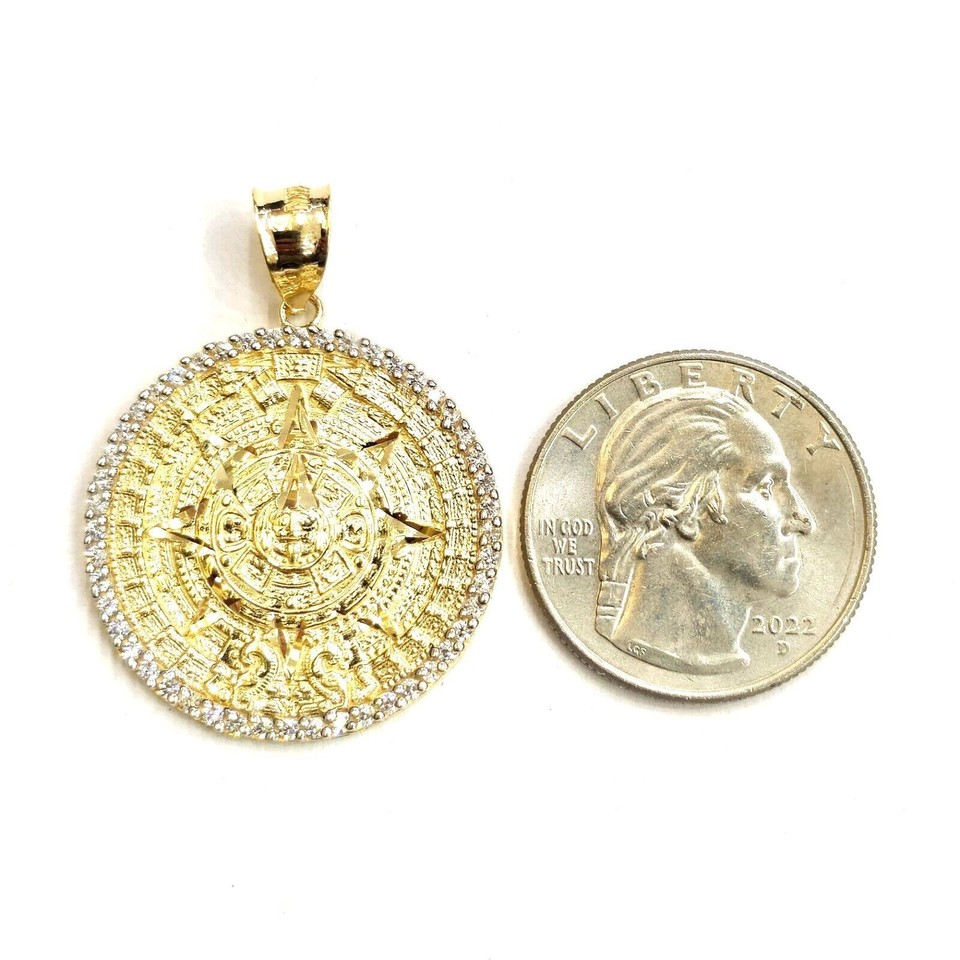 14k yellow Gold Aztec Mayan sun calendar Azteca pendant Cubic Zirconia ...