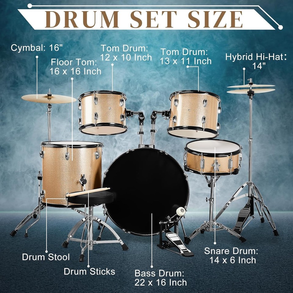 22 Inch Adult Drum Set, 5-Piece Full-Size Drums Kit w/Cymbal Stands,Hi ...