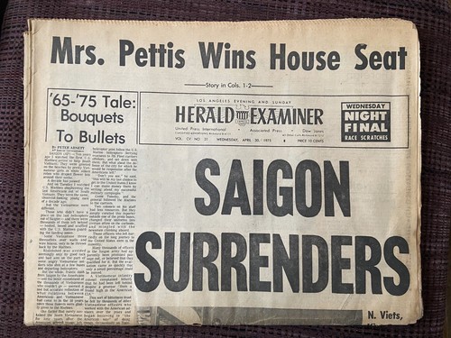 1975 Herald Examiner Newspaper Big Headlines Saigon Surrenders Vietnam ...