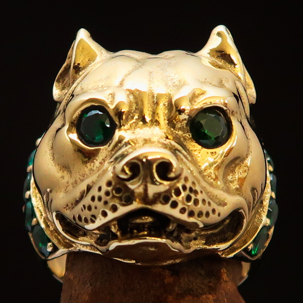PITBULL RING, MENS PET DOG LOVER RING PITBULL WITH GREEN CZ COLLAR SIZE ...