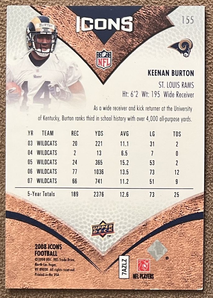 2008 Upper Deck Icons NFL Rookies Keenan Burton /750 St. Louis Rams ...