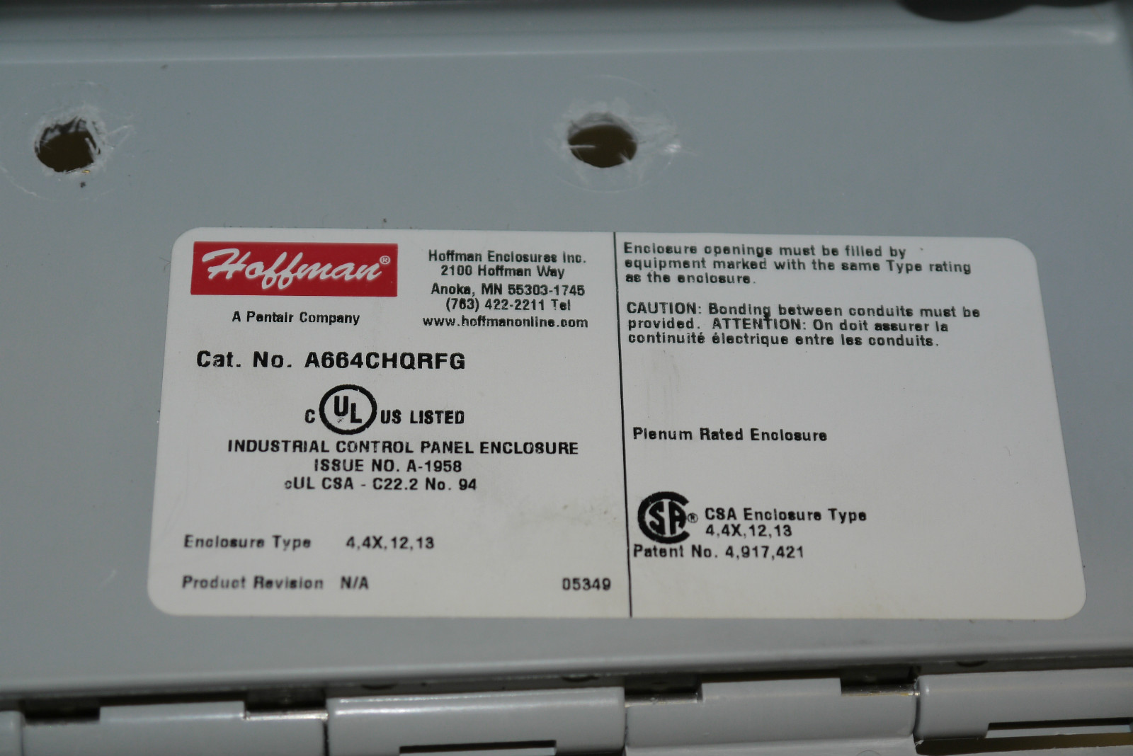 HOFFMAN A664CHQRFG 4X INDUSTRIAL CONTROL PANEL ENCLOSURE HUBBELL ...