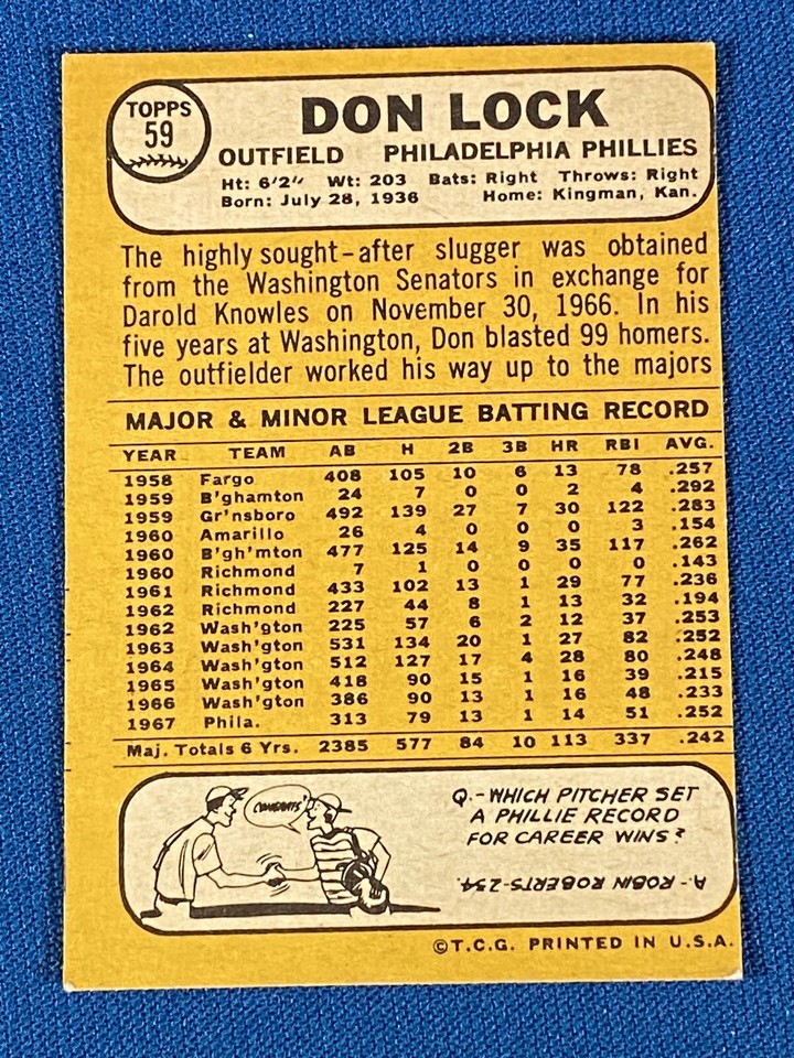 1968 Topps Don Lock Baseball Card #59 VG Philadelphia Phillies | eBay