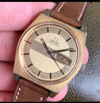 OMEGA Automatic Gold Barcode Square Day/Date Wristwatch Brown Leather ...