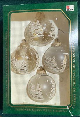 4 Kmart ~ Snow Covered Trees ~ Clear Glass Gold Trees Ornaments | eBay