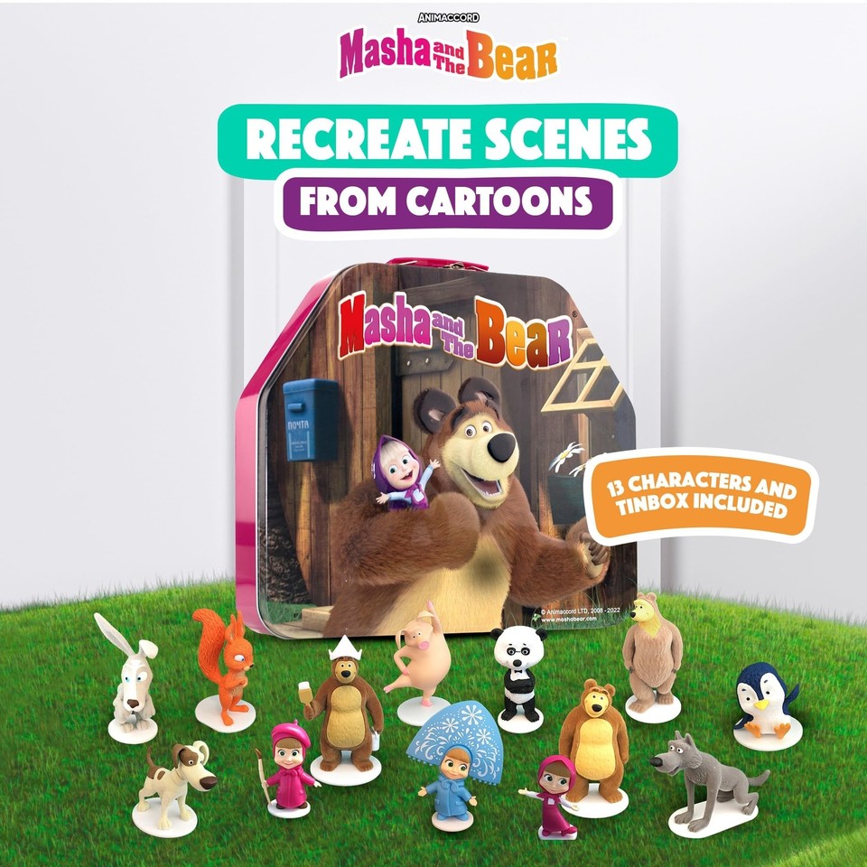 LUPPA Masha and The Bear Toys Playset: 13 Figures with Tin Box of The ...