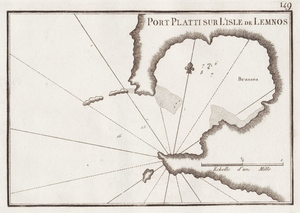 Platy Limnos island Lemnos Greece Griechenland map Karte Roux engraving ...