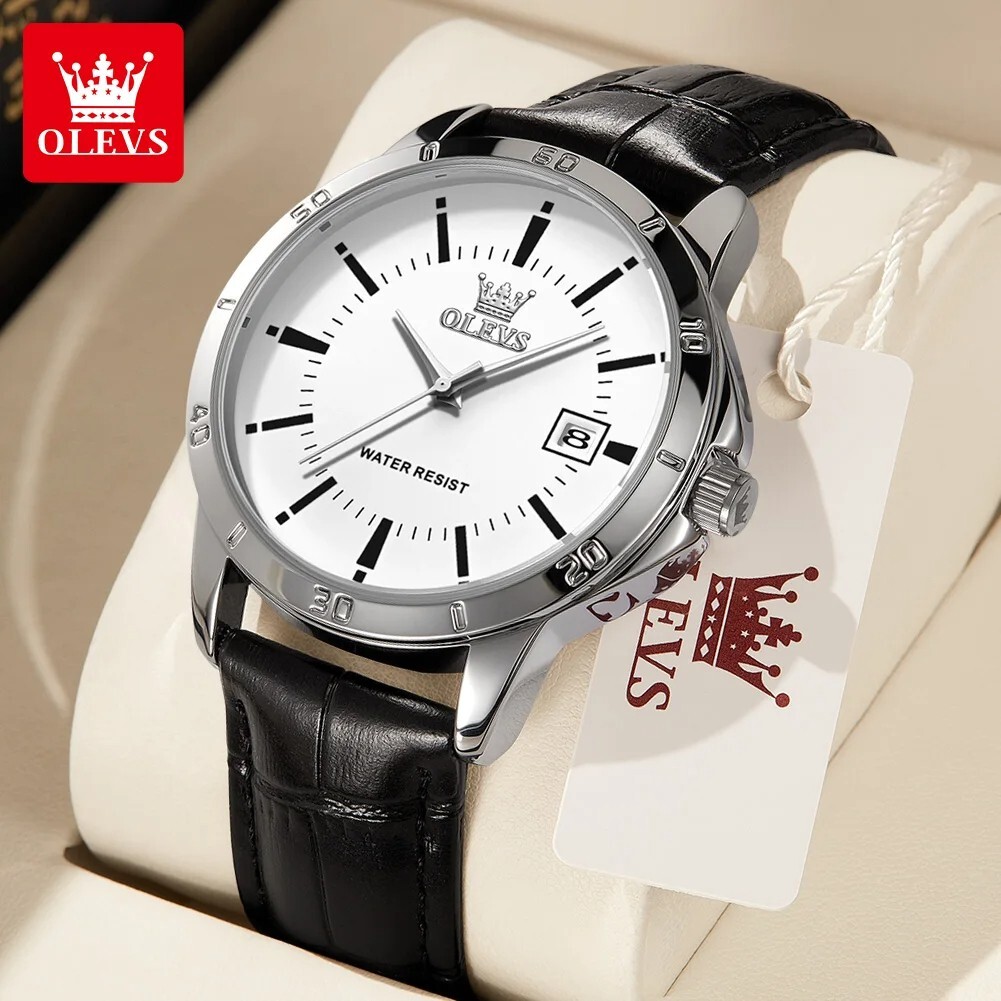 Waterproof Quartz Watch Men's Luxury OLEVS Business Date Leather Strap ...