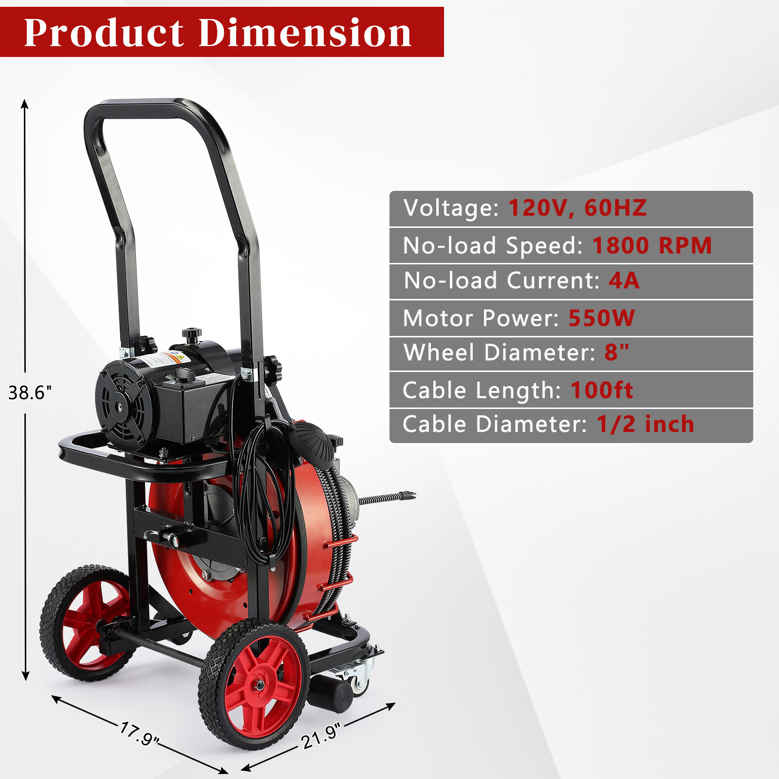 100' x 1/2" Drain Cleaner Electric Sewer Snake Cleaning Machine 110V w ...