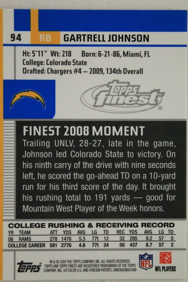 Gartrell Johnson San Diego Chargers Colorado St. Autographed 2009 Topps ...