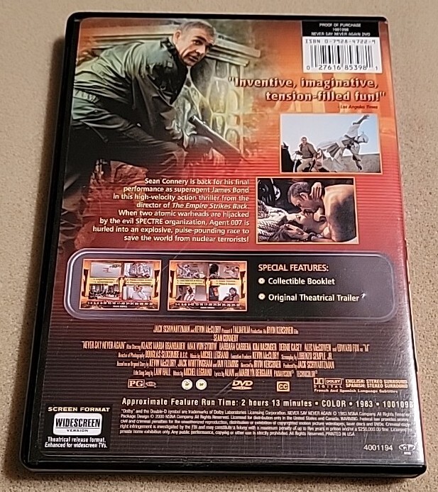 Never Say Never Again (DVD, 1983) w/Insert, Sean Connery 007 James Bond ...