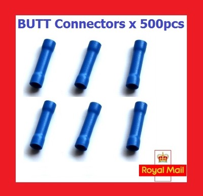 500x BLUE STRAIGHT BUTT CRIMP TERMINAL INSULATED SPLICE WIRE CONNECTORS ...
