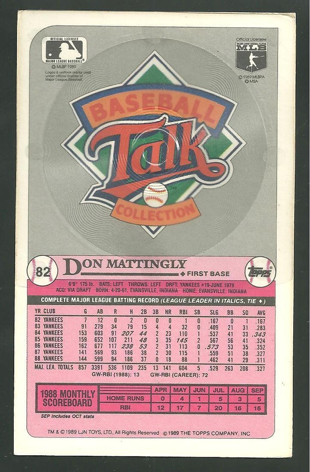 1989 Topps LJN Baseball Talk Card #82 Don Mattingly New York Yankees ...