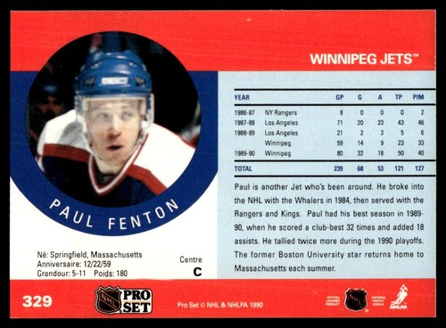 1990-91 Pro Set Paul Fenton Winnipeg Jets #329 | eBay