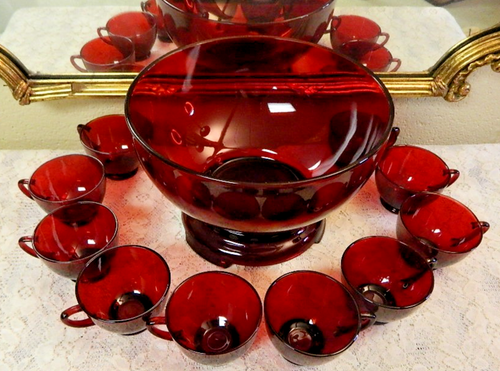Vintage Anchor Hocking Ruby Red Punch Bowl Set – 12 Pc with Stand & 10 ...