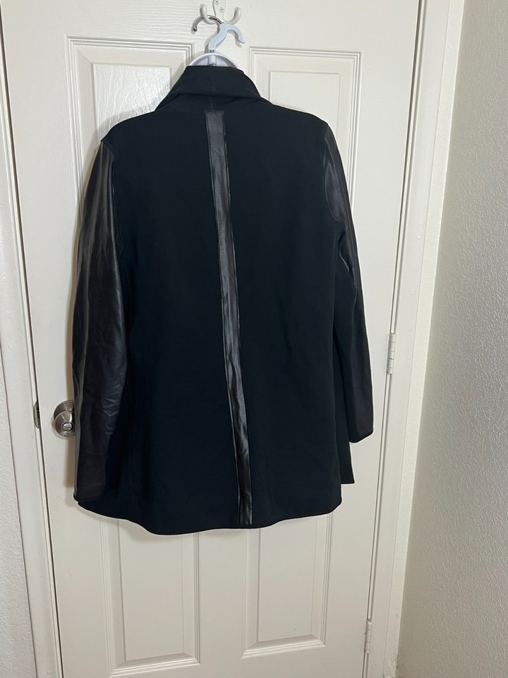 Spanx Black Drape Front Coat/Jacket w/Faux Leather Trim & Sleeves- size ...